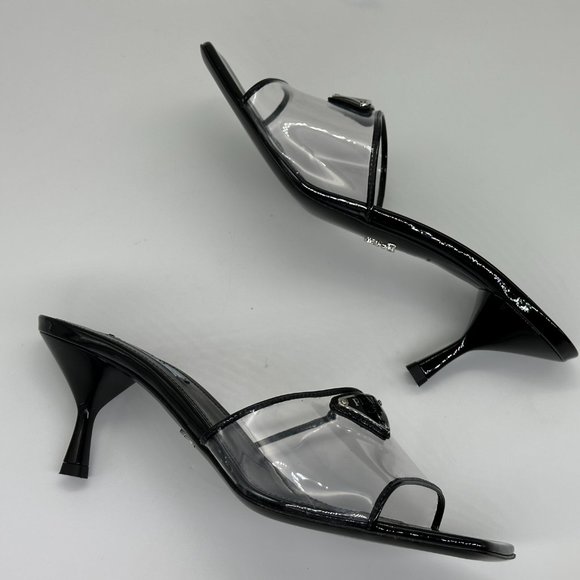 Prada | Shoes | Prada Signature Triangle Logo Pvc Patent Mule Sandals ...